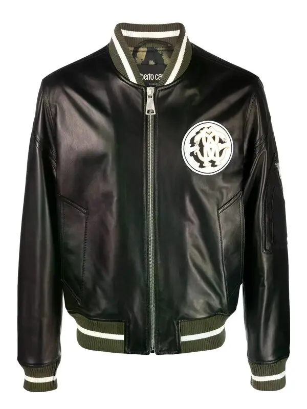 Roberto Cavalli Monogram-patch Leather Bomber Jacket - Black