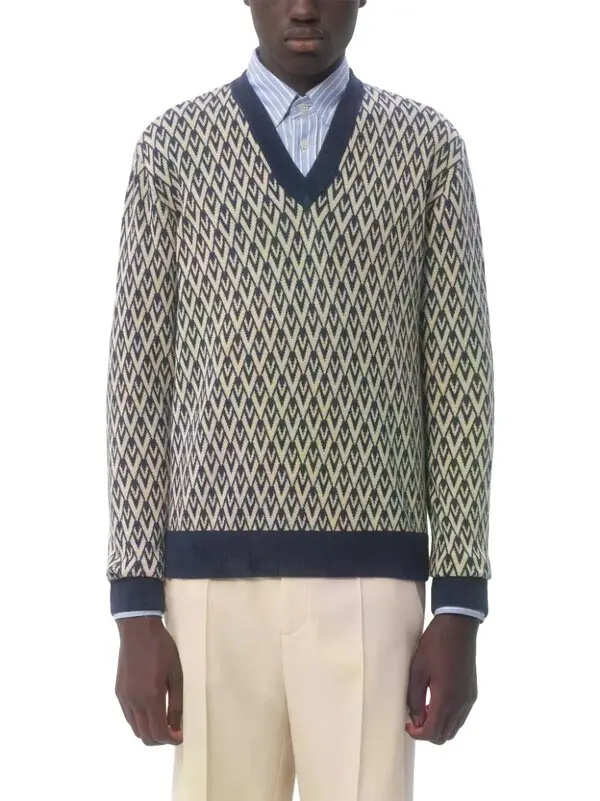 Valentino Garavani Wool Jumper With Toute La V Jacquard Pattern - Blue