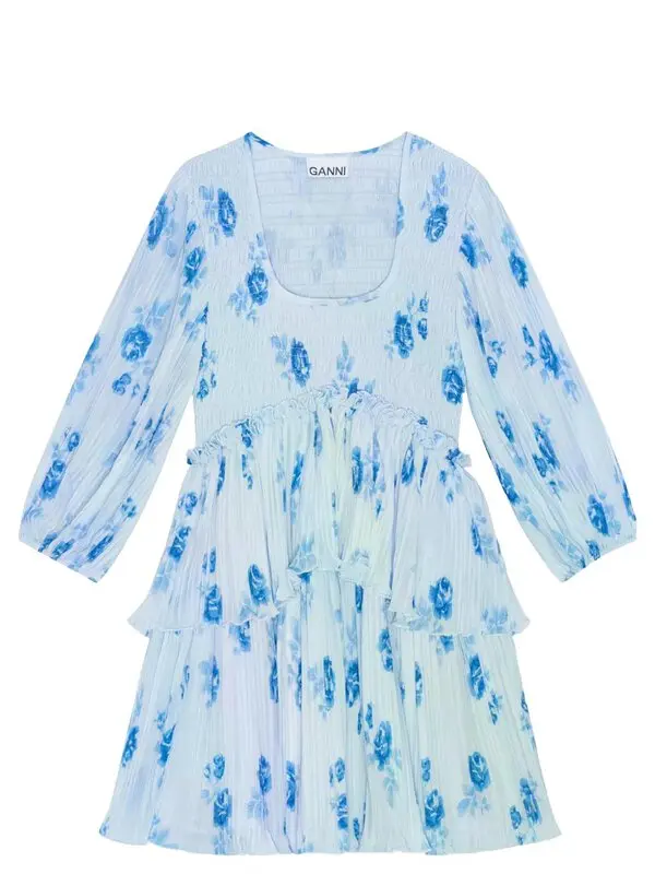 GANNI Floral-print Pleated Minidress - Blue