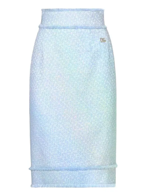 Dolce & Gabbana Tweed Straight Skirt With Appliqué Logo - Blue
