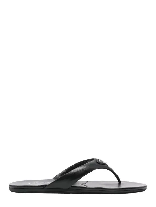 Prada Enamel-triangle Leather Flip Flops - Black