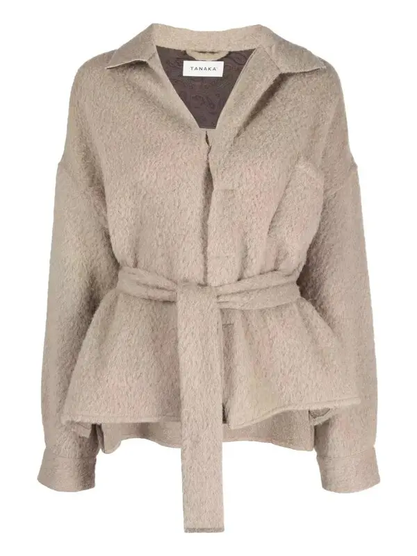 TANAKA V-neck Belted Fleece Cardigan-coat - Neutrals