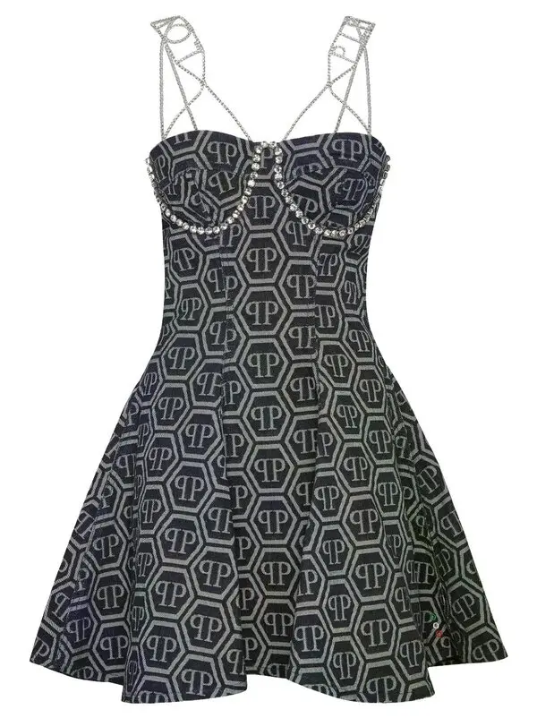Philipp Plein Monogram-jacquard Denim Mini Dress - Blue