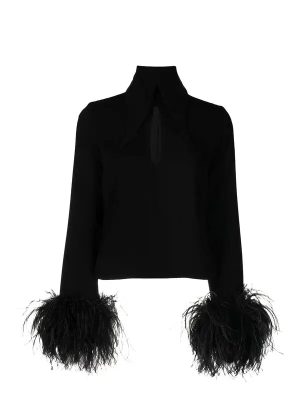16Arlington Feather-trim Cut-out Blouse - Black