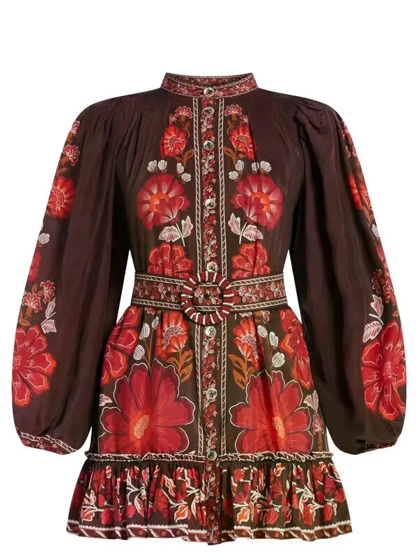 Farm Rio Floral-print Mini Dress - Brown
