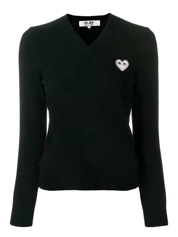 Play Comme Des Garcon V-neck Heart-logo Sweater - Black