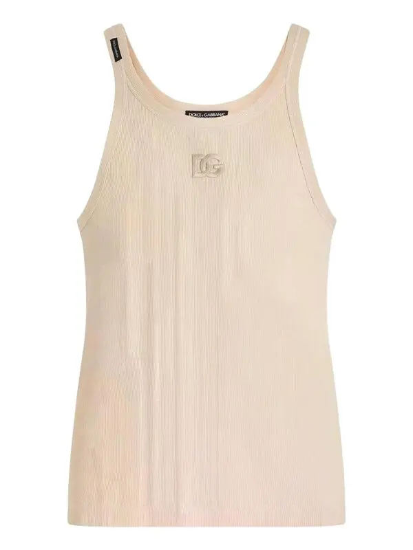 Dolce & Gabbana Ribbed Cotton Tank Top With Embroidered Logo - Neutrals