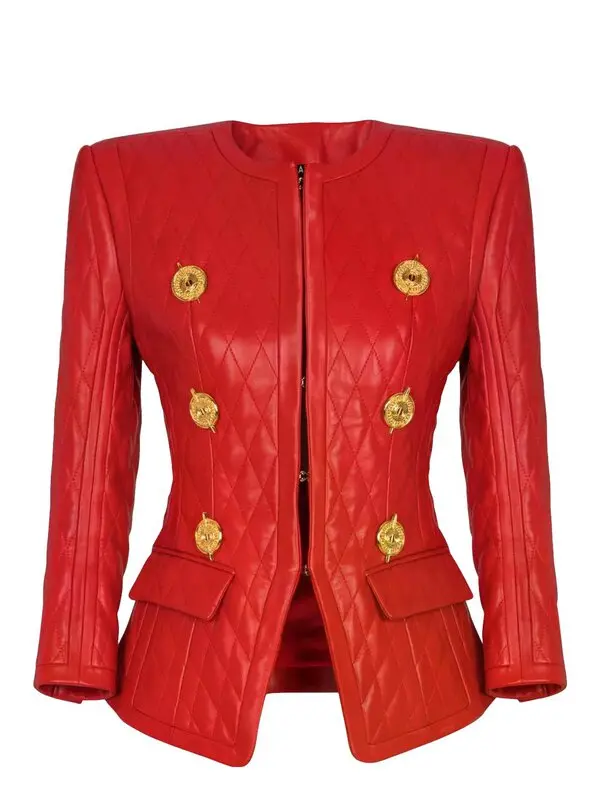 Balmain Quilted Leather Jacket - Red