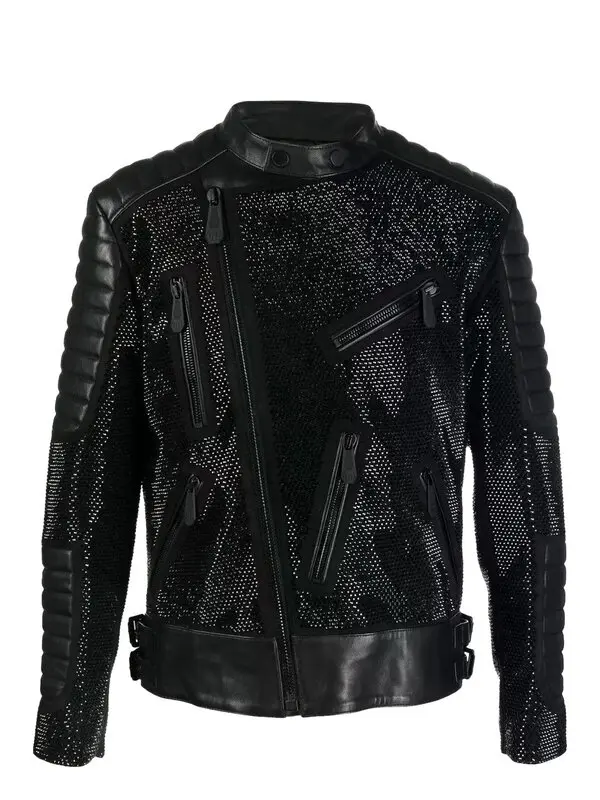 Philipp Plein Crystal Embellished Leather Biker Jacket - Black
