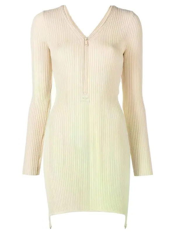 COURREGES Ribbed-knit Zip-up Dress - Neutrals
