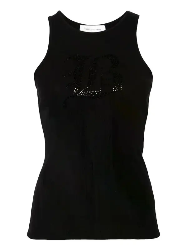 Blumarine Rhinestoned Ribbed-knit Tank Top - Black