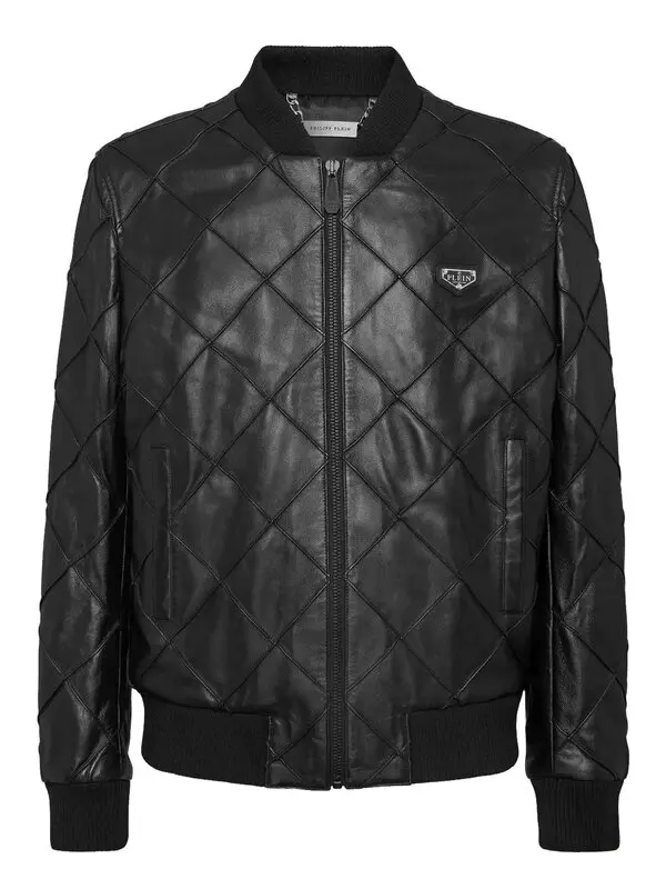 Philipp Plein Quilted Leather Bomber Jacket - Black