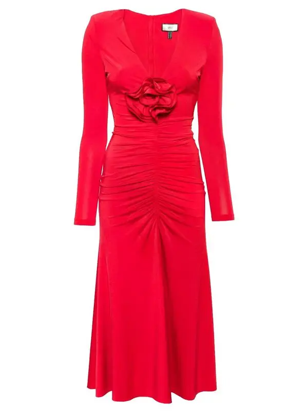NISSA Floral-appliqué Ruched Gown - Red