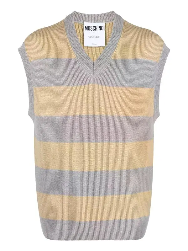 Moschino Logo-patch Striped Virgin-wool Vest - Grey