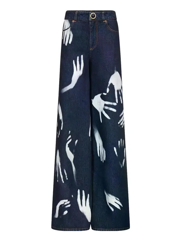 AREA Hand-print Wide-leg Jeans - Blue