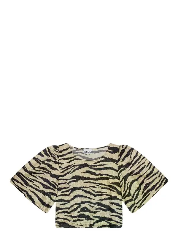 GANNI Zebra-print Crinkled Cropped T-shirt - Neutrals