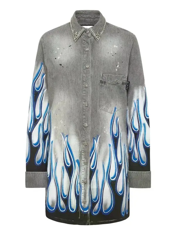 Philipp Plein Graphic-print Denim Shirt - Grey