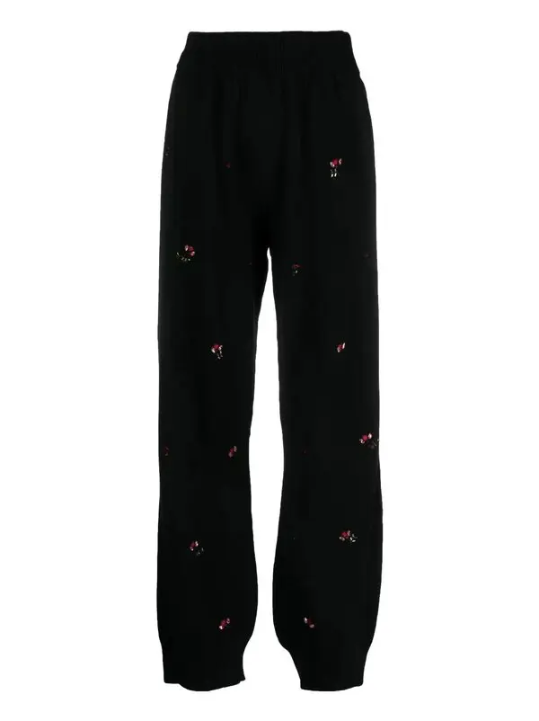 BARRIE Floral-embroidered Cashmere Trousers - Black