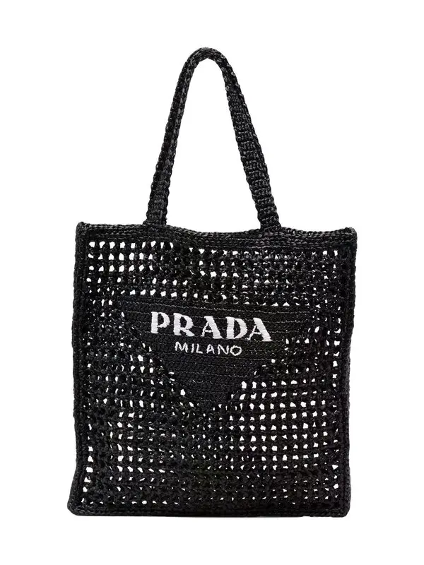 Prada Logo Embroidered Crochet Tote Bag - Black