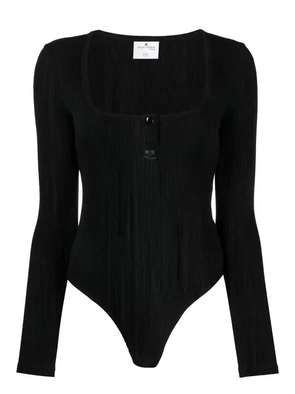 COURREGES Logo-embroidered Long-sleeve Henley Bodysuit - Black