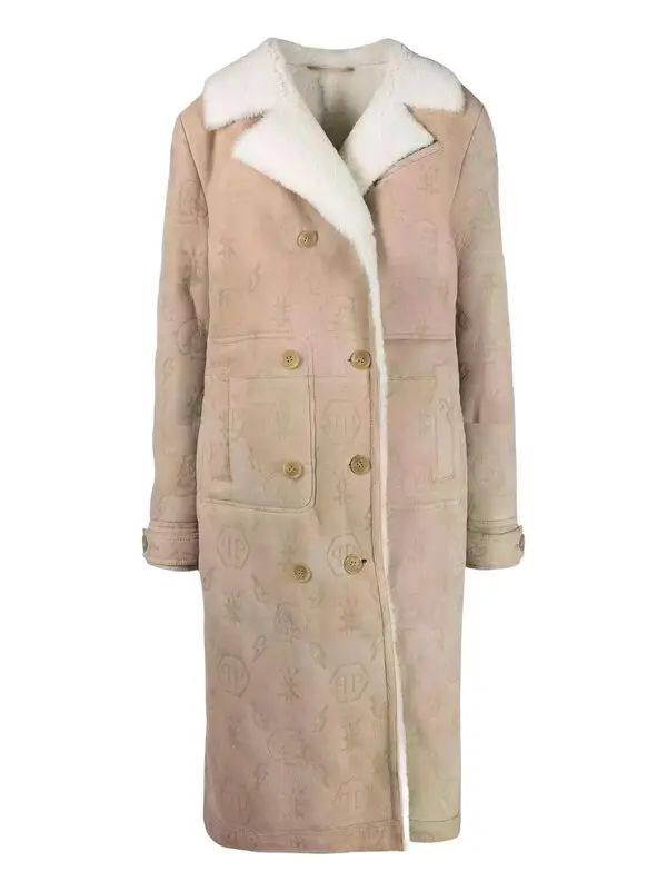 Philipp Plein Monogram-embossed Long Shearling Coat - Neutrals
