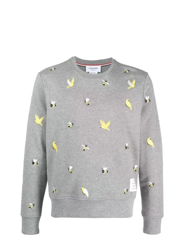Thom Browne Embroidered Bird And Bee Motif Sweatshirt - Grey