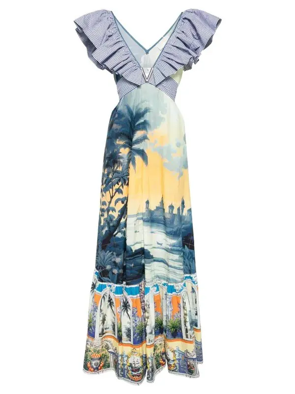 Camilla Frill-neck Dress - Blue