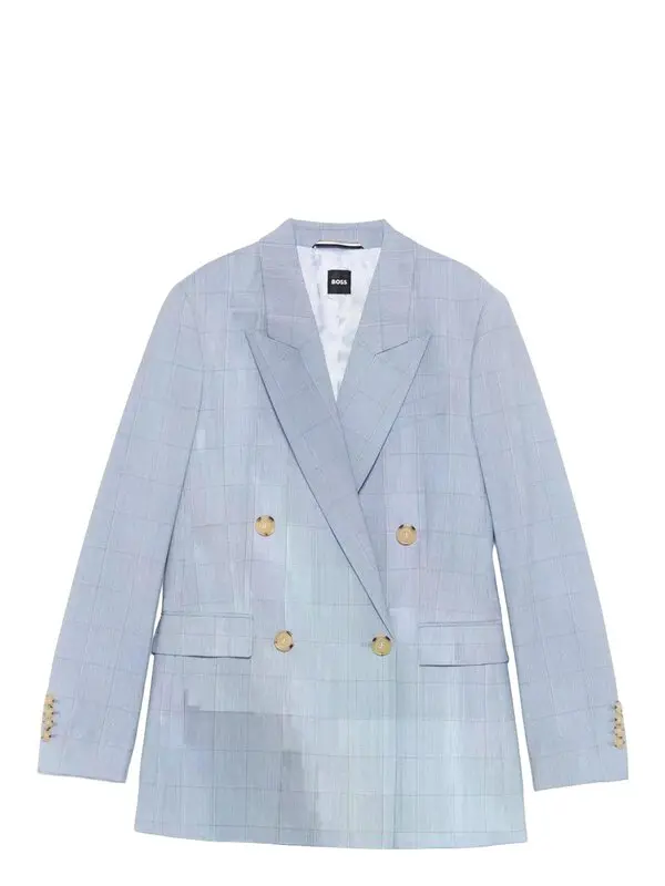BOSS Checked Wool Double-breasted Blazer - Blue