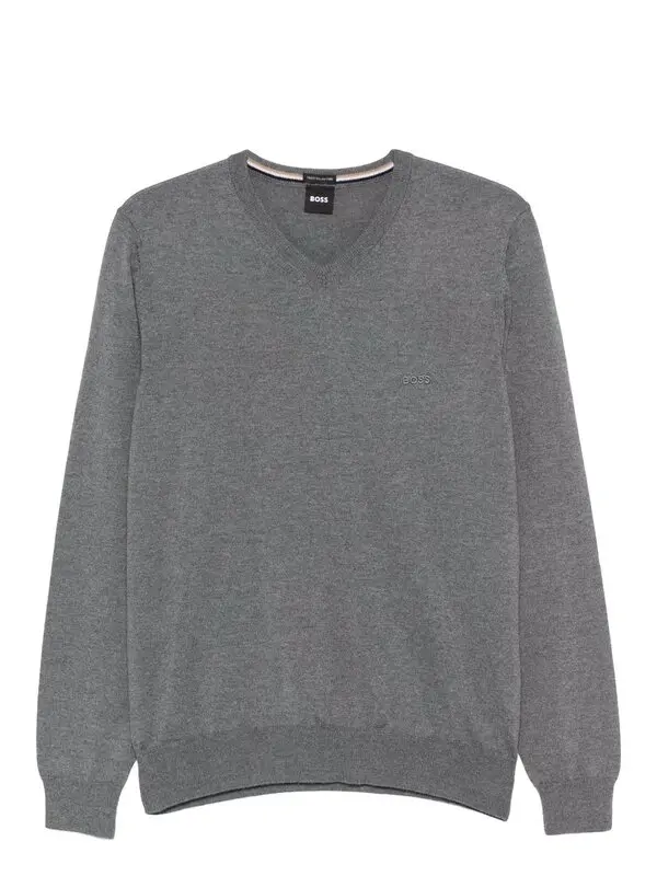 BOSS Virgin Wool Ribbed Knit V-neck Sweater - Grey