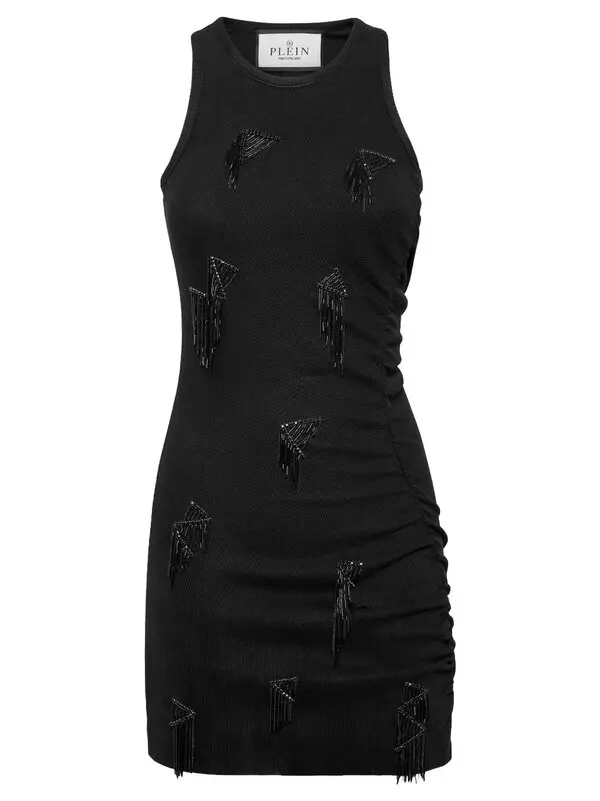 Philipp Plein Fringe-detail Ribbed Mini Dress - Black