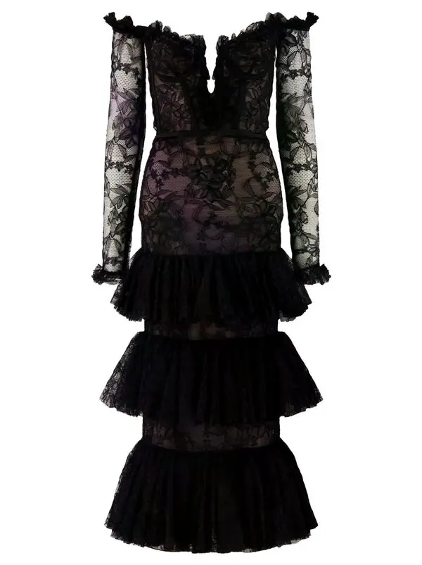 Giambattista Valli Tiered Off-the-shoulder Lace Dress - Black