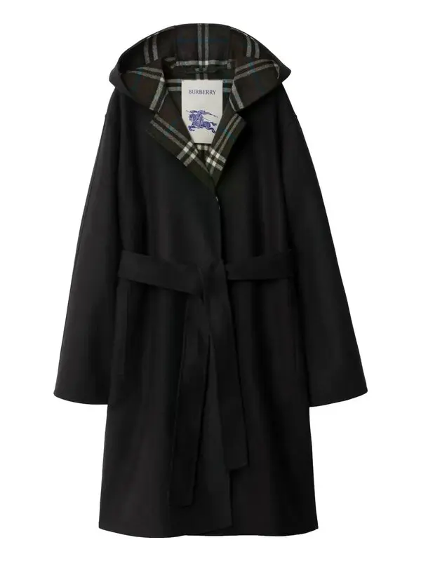 Burberry Reversible Check Pattern Hooded Wool Coat - Black