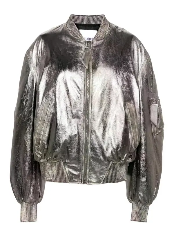 Attico Anja Metallic Leather Bomber Jacket - Silver