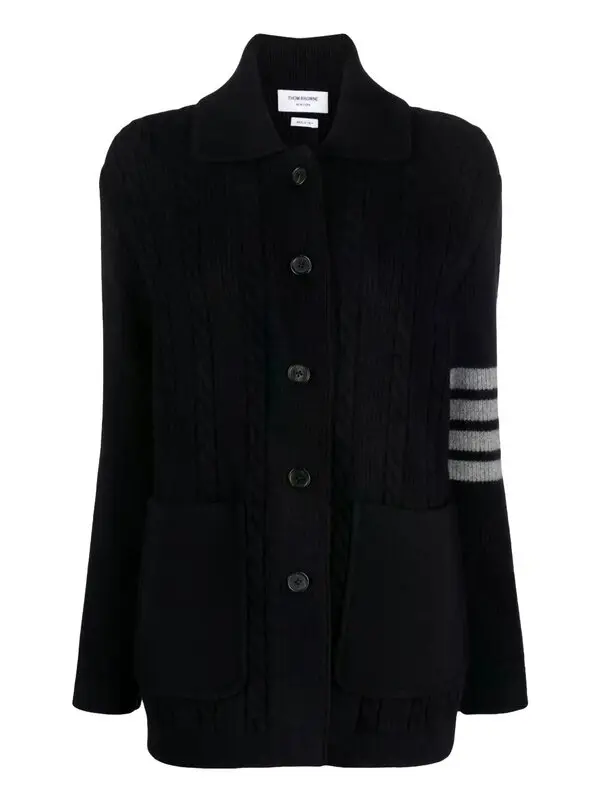 Thom Browne Cable-knit Cardigan With Signature Stripe Detail - Blue