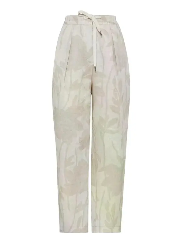 Brunello Cucinelli Floral-jacquard Linen Tapered Trousers - Neutrals