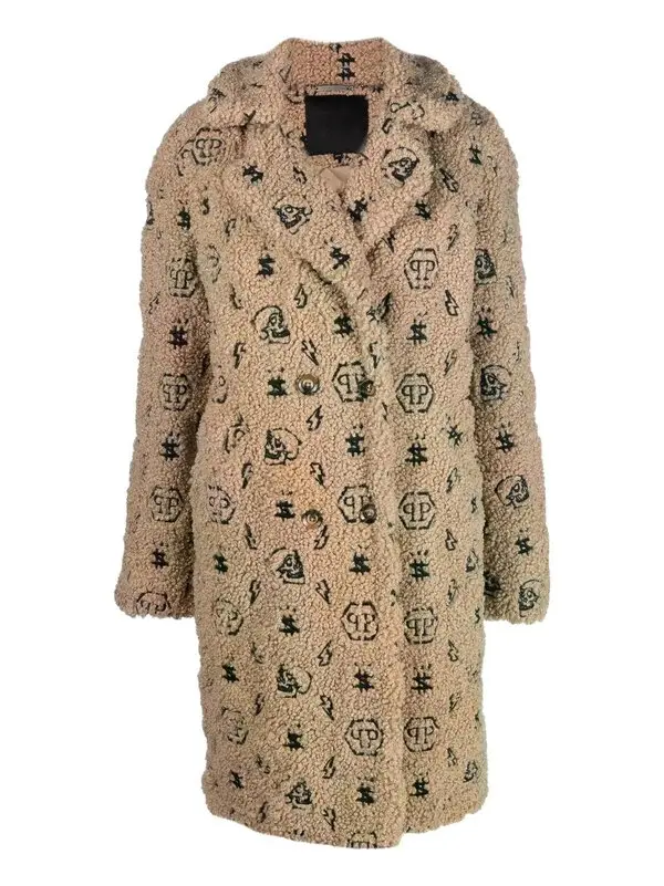 Philipp Plein Faux-fur Embroidered-monogram Coat - Neutrals