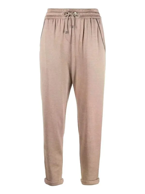 Brunello Cucinelli Mélange Effect Cotton-blend Tapered Trousers - Neutrals