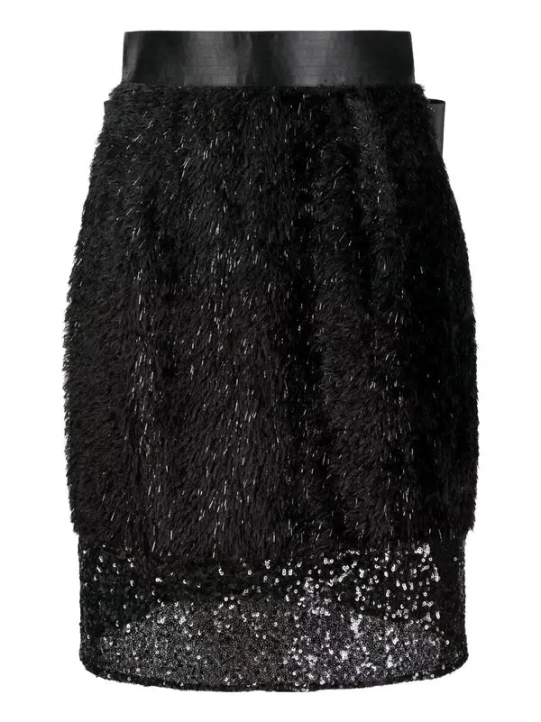 Undercover Layered Faux-fur Pencil Skirt With Sequin And Bow Detailing - Black