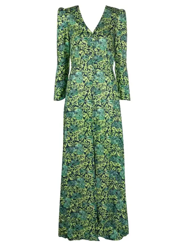 Saloni Margot V-neck Silk Long Dress - Blue