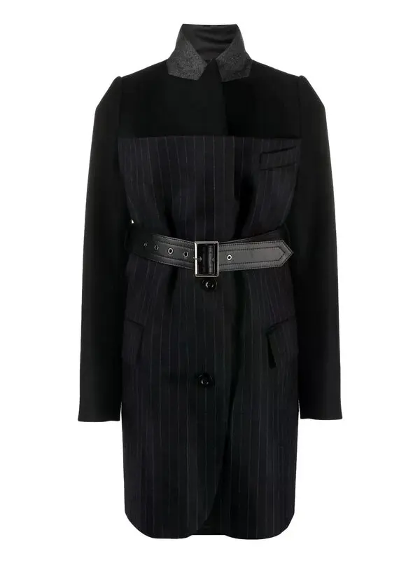 Sacai Belted Pinstriped Wool Blazer - Black