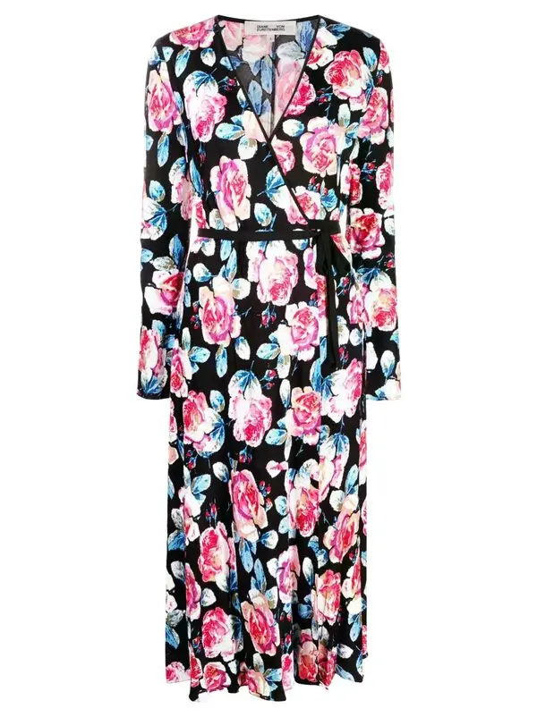 Diane Von Furstenberg Anika Rose-print Midi Wrap Dress - Black