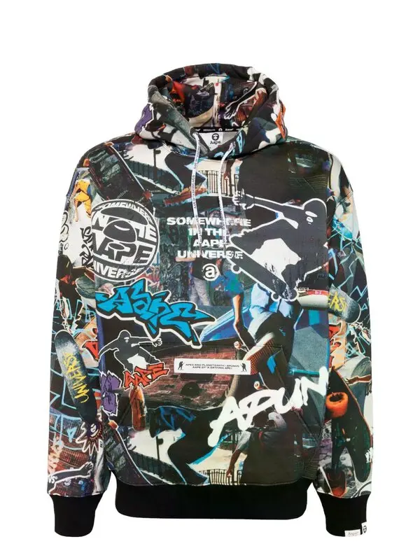 AAPE BY *A BATHING APE Moonface-logo Graffiti-print Hoodie - Black