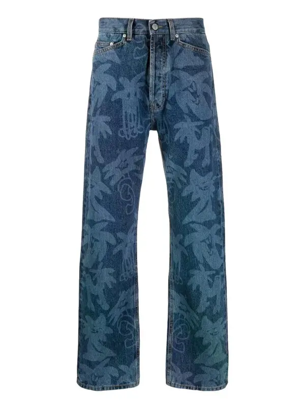Palm Angels Palm Tree Print Denim Jeans - Blue