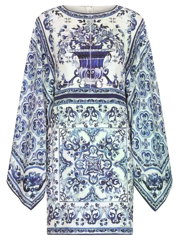Dolce & Gabbana Majolica-print Batwing-sleeve Minidress - Blue