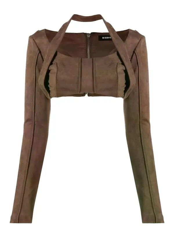 MISBHV Faux-suede Long-sleeved Crop Top - Brown