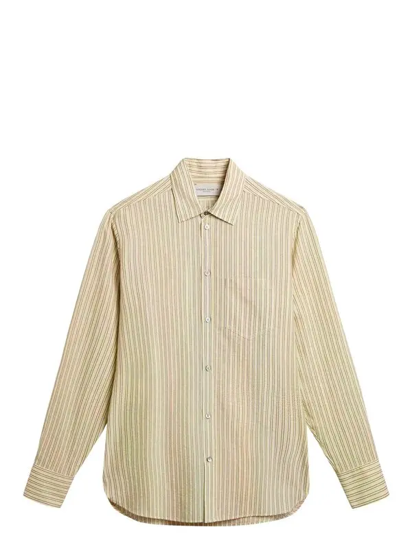 GOLDEN GOOSE Ecru Cotton Shirt With Narrow Black Stripes - Yellow