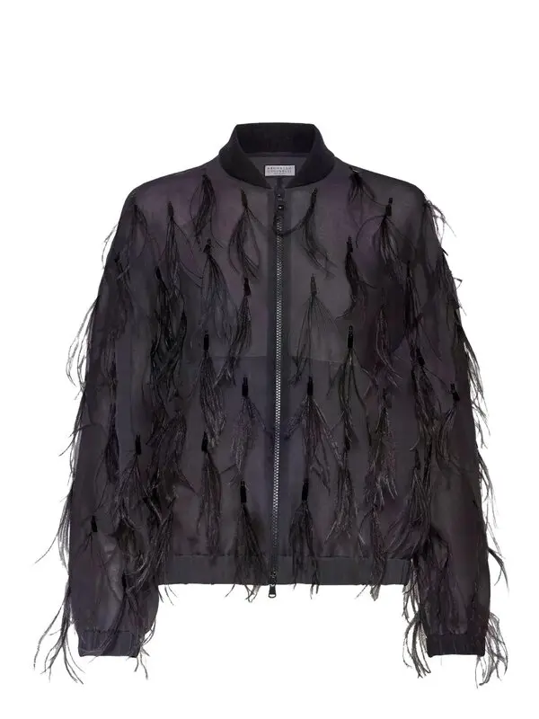 Brunello Cucinelli Feather-embellished Satin Jacket - Grey