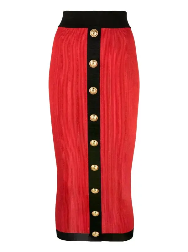 Balmain Buttoned Knit Midi Skirt - Red