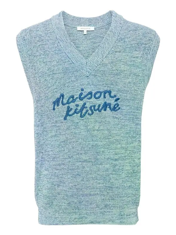 Maison Kitsuné Embroidered-logo V-neck Cotton Vest - Blue