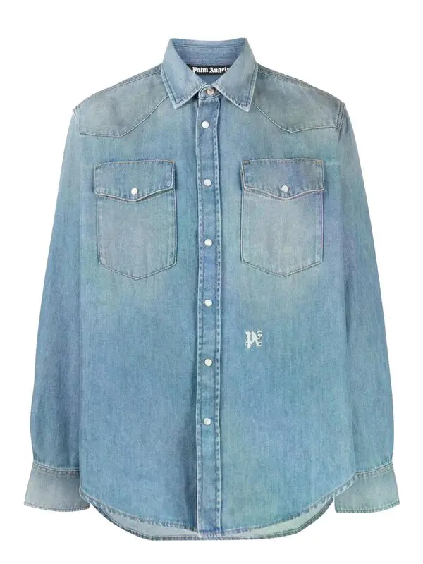 Palm Angels Monogram-embroidered Denim Shirt - Blue
